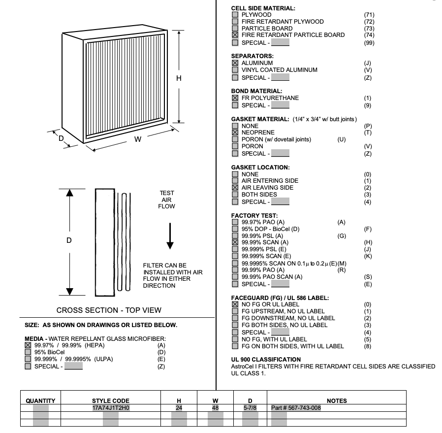 AstroCel I HEPA Filter 14A74J1T2H0 24x24x5-7/8